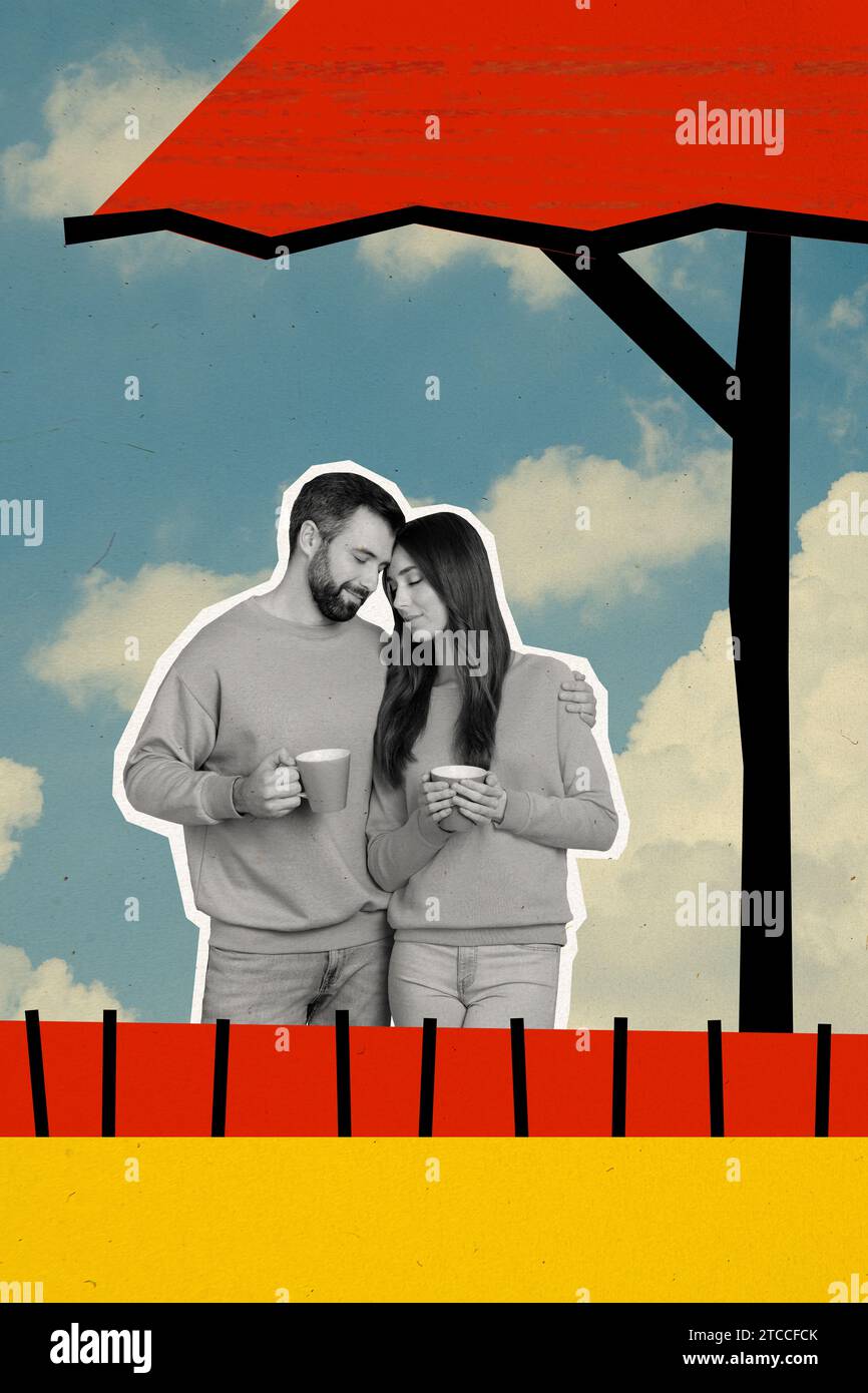 Vertical collage creative poster black white filter two lovely relax ...