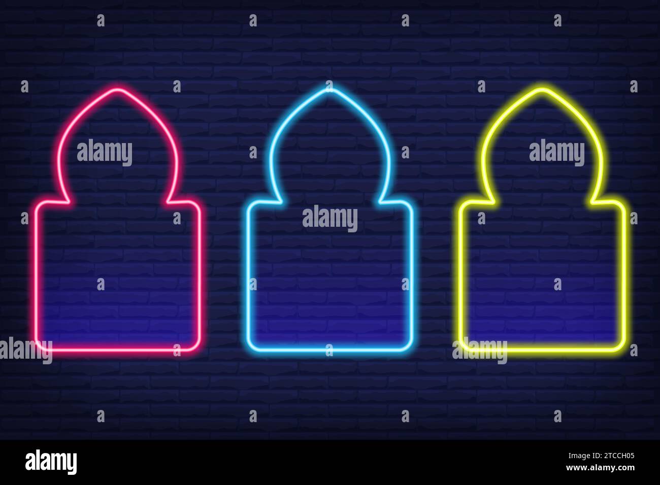 Ramadan islamic frame. Vector neon arch shape on dark background ...