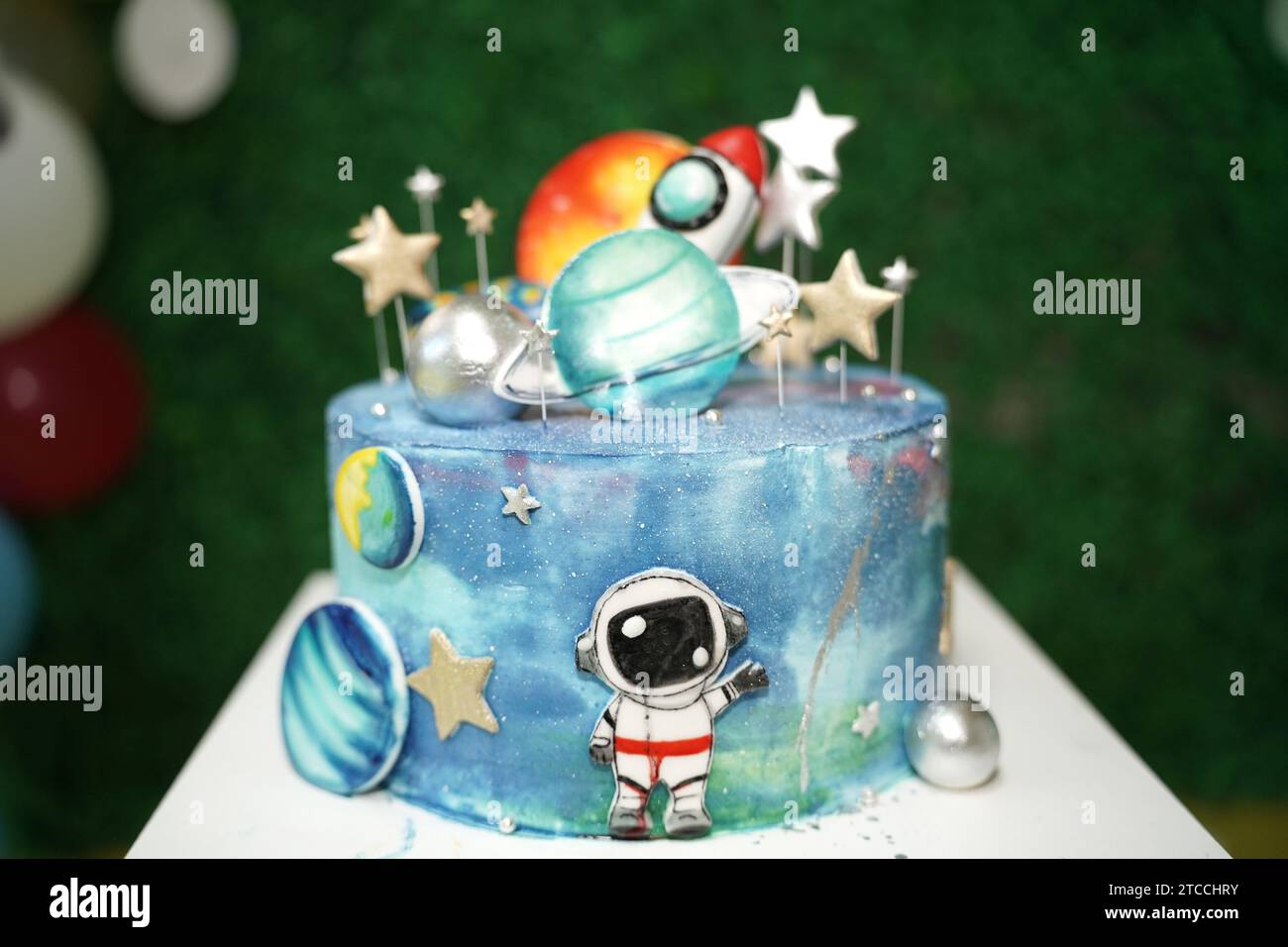 Blue cake, cosmos astronaut theme. Stars and planets. Happy birthday ...