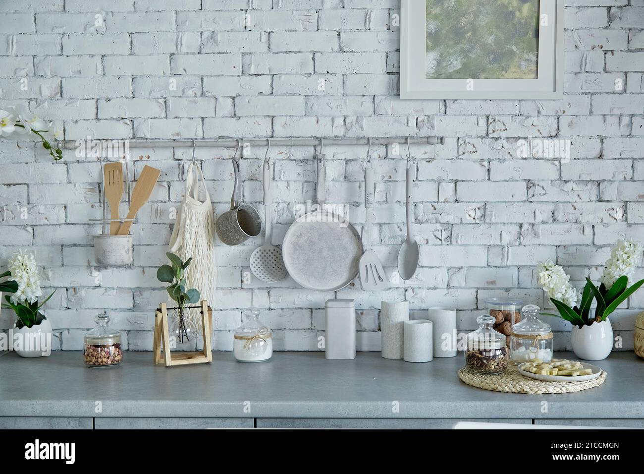 White stylish Scandinavian food in the studio cuisine. Food shooting ...