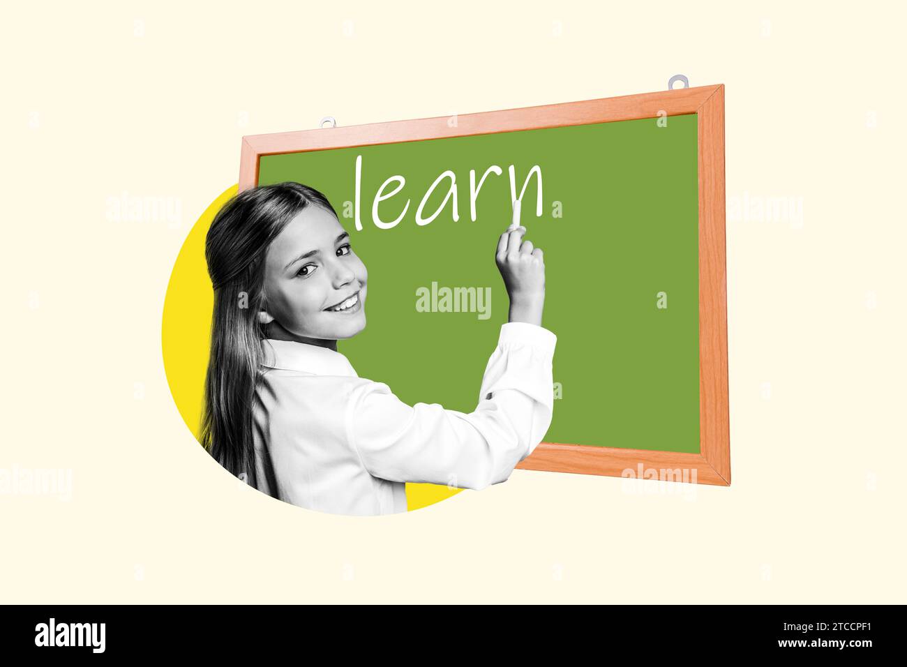 Horizontal creative photo collage of young smiley school girl look at ...