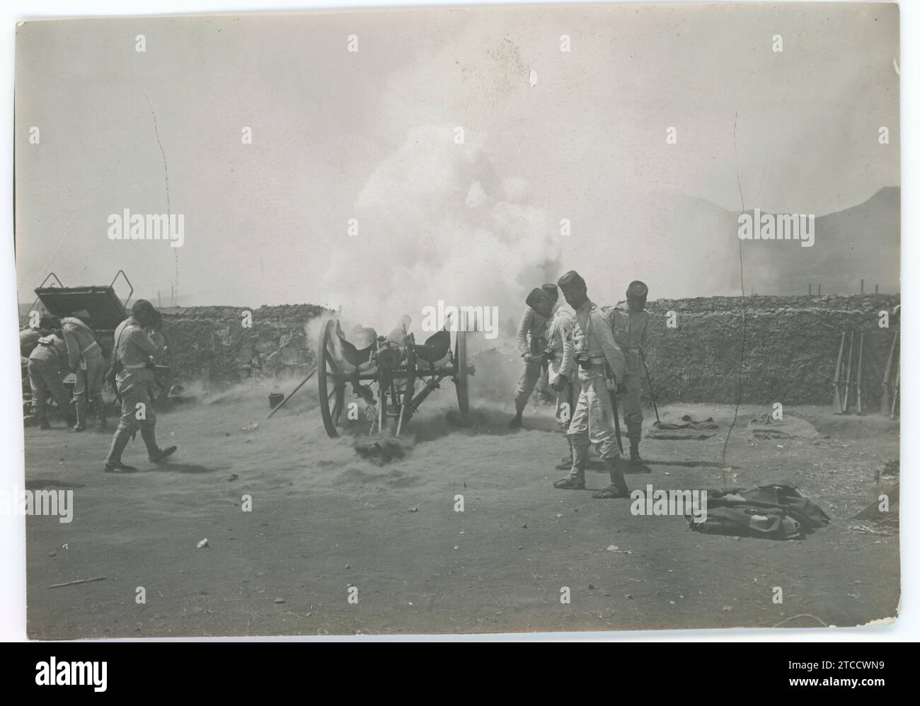 Moroccan War. Melilla Campaign, 1909. Spanish artillery bombarding the ...