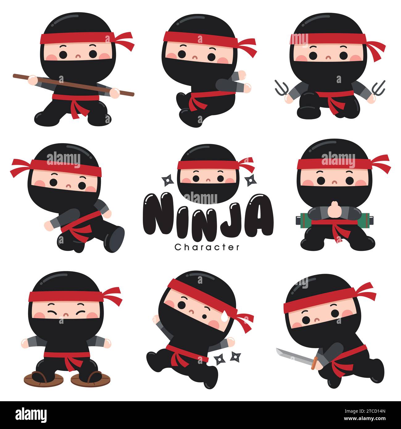 Vector illustration of Cartoon Cute Ninja character set. Kids costume ...