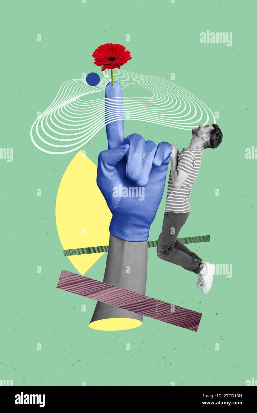 Collage pinup retro sketch of funny young hanging man hand gesture ...