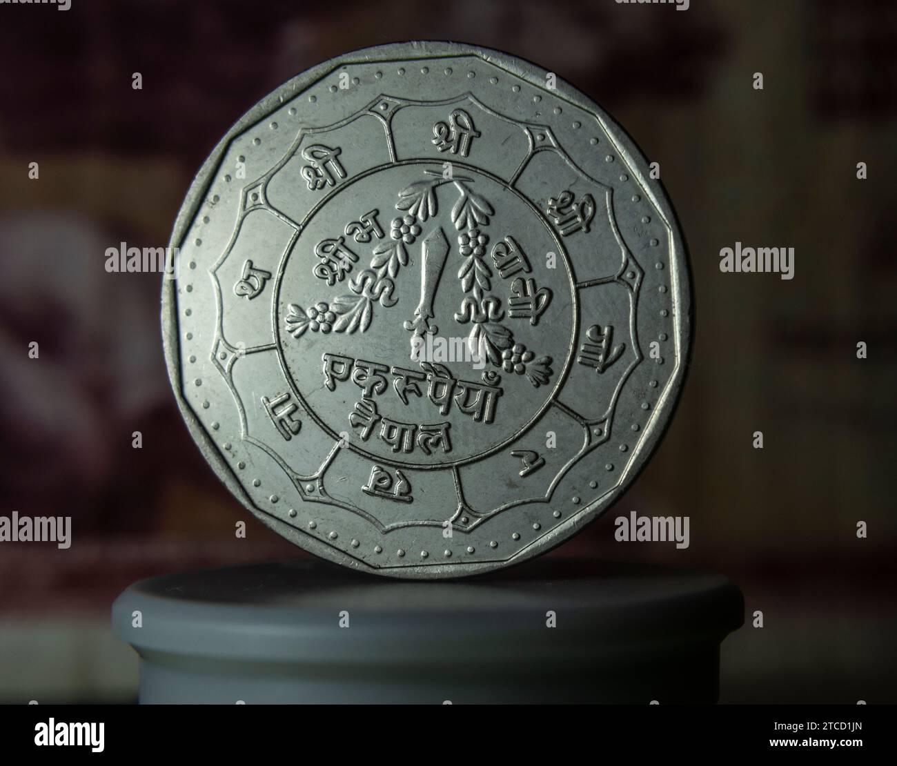 A close-up of a Nepalese 1 rupee coin against a dark background Stock ...