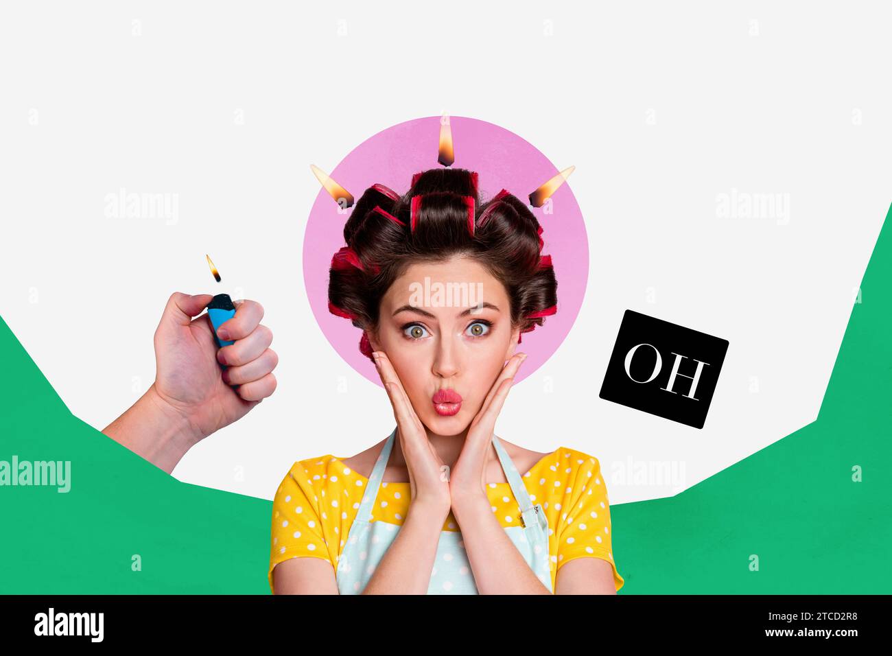 Collage portrait of arm hold lighter shocked girl pouted lips hair ...