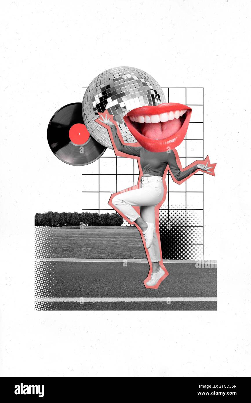 Vertical unusual funny photo collage of young woman female headless ...