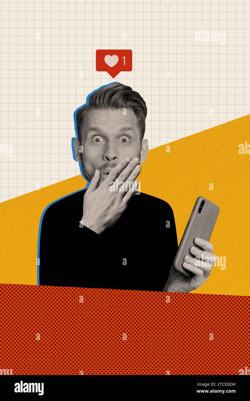 Vertical funny photo collage young guy hold smartphone impressed ...