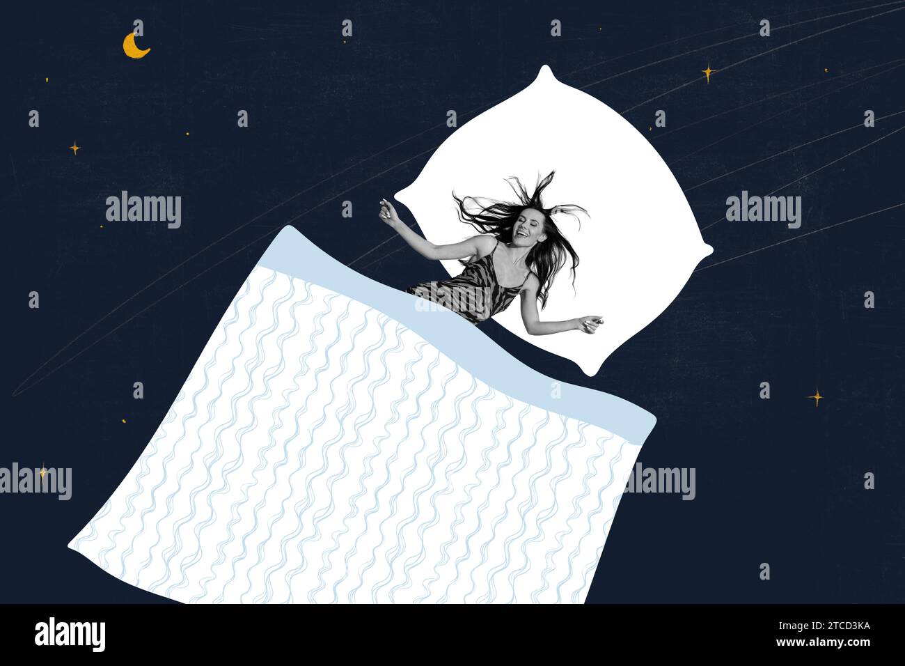 Creative picture image collage of happy excited girl sleeping in bed ...