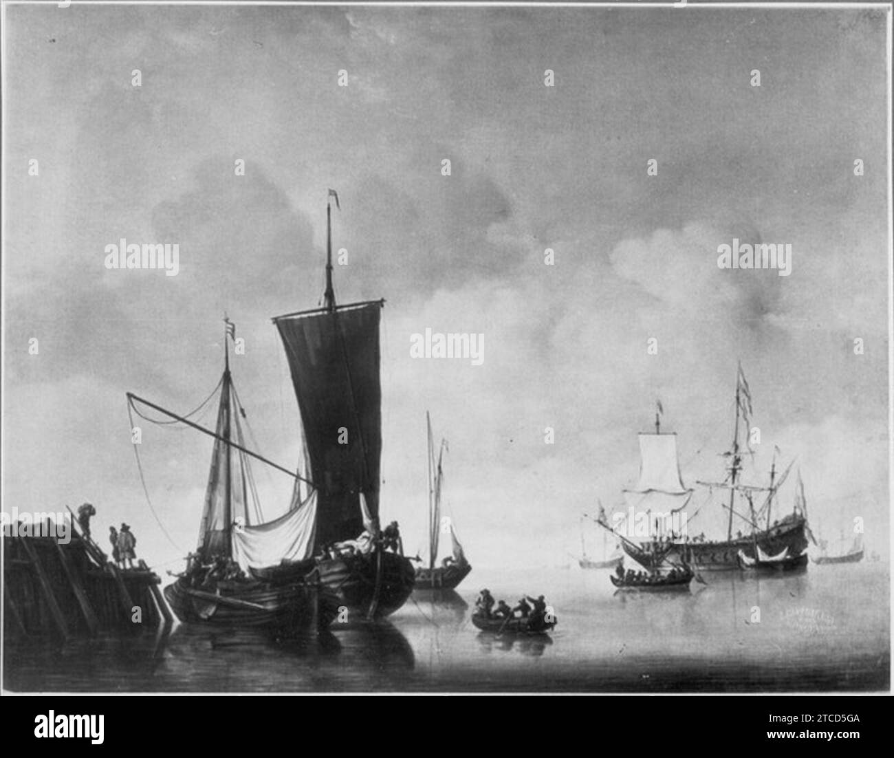 Willem van de Velde - A kaag and a hoeker lying at the end of a pier ...