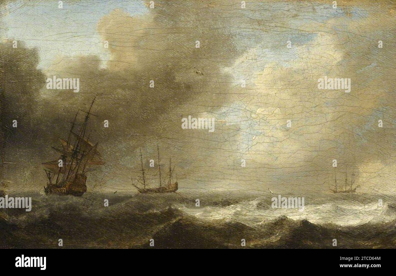 Willem van de Velde II (1633-1707) - A Dutch Ship Lying-To in a Strong ...