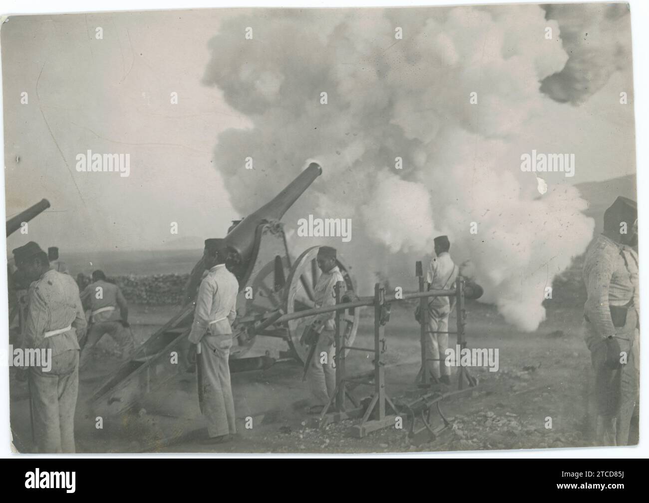 Moroccan War. Melilla Campaign, 1909. Spanish artillery bombarding the ...