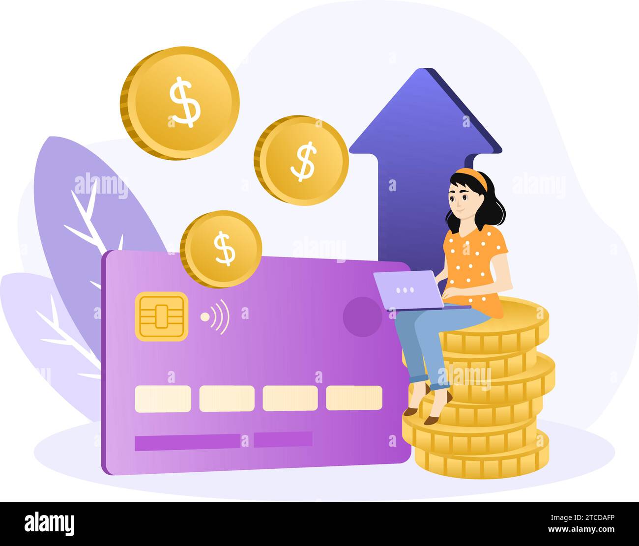 Withdraw illustration. An image of a bank card and a girl sitting on ...