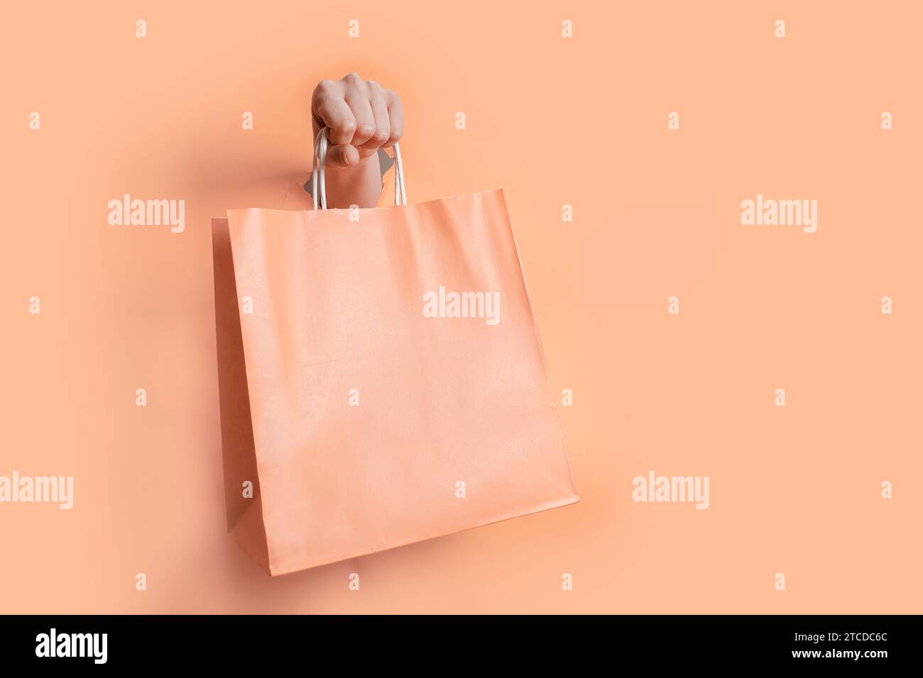 Female hand holding peach fuzz color paper bag trough the hole in paper ...