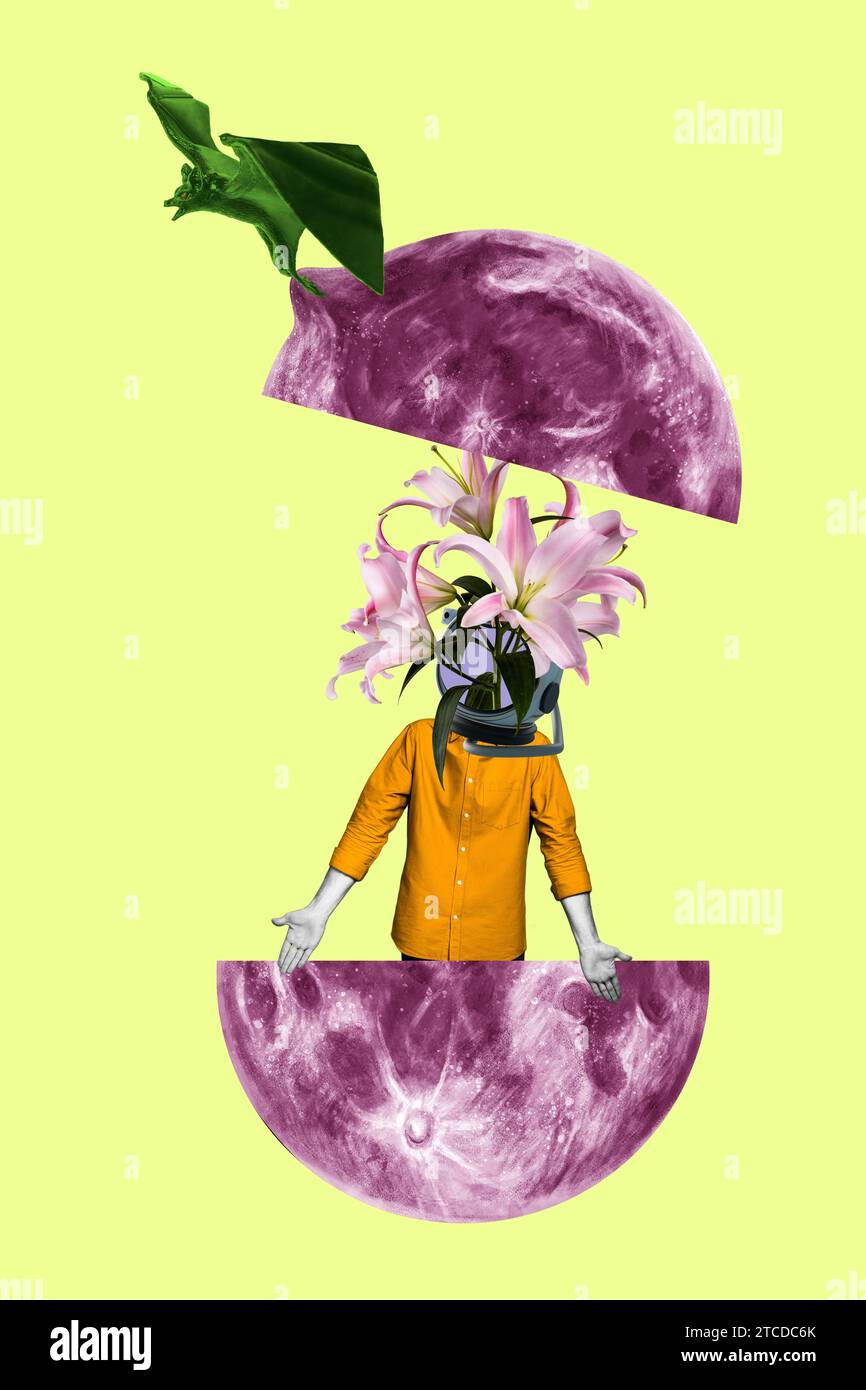Collage picture artwork of unusual weird faceless guy inside full moon ...
