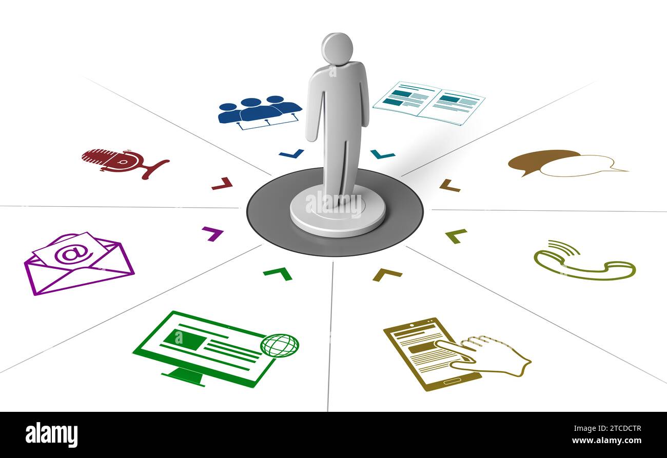 3D illustration of a character over drawing representing multichannel ...