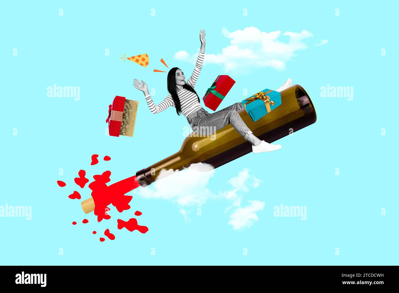 Creative photo image collage picture flying happy young lady ...