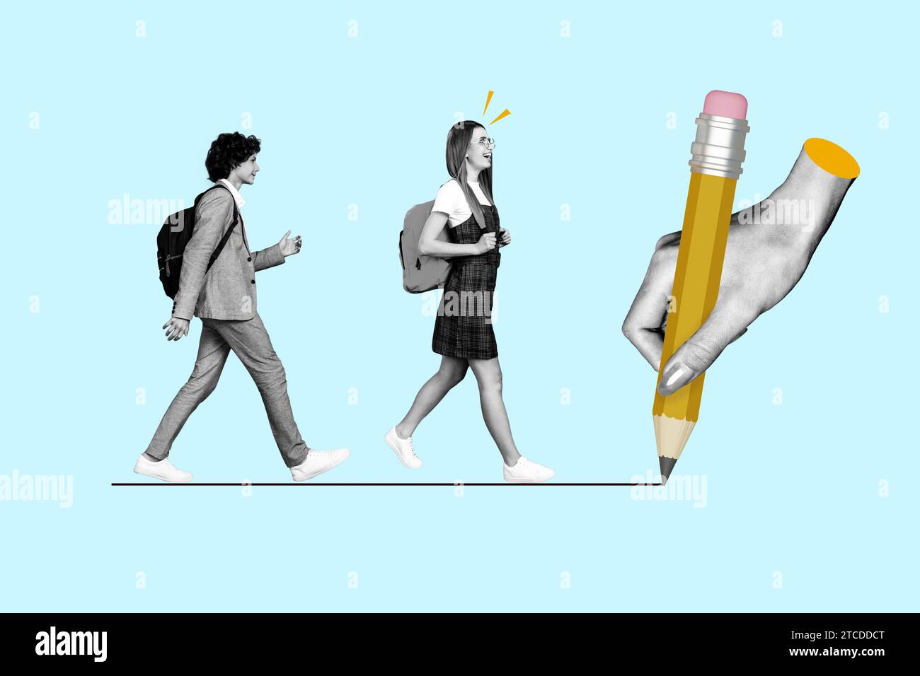 Horizontal creative photo collage of two school kids pupils go to ...