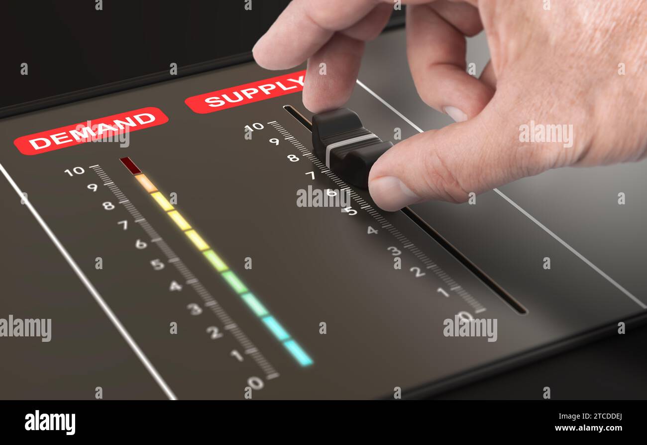 Hand moving a slider to adjust products offer. Supply and demand ...