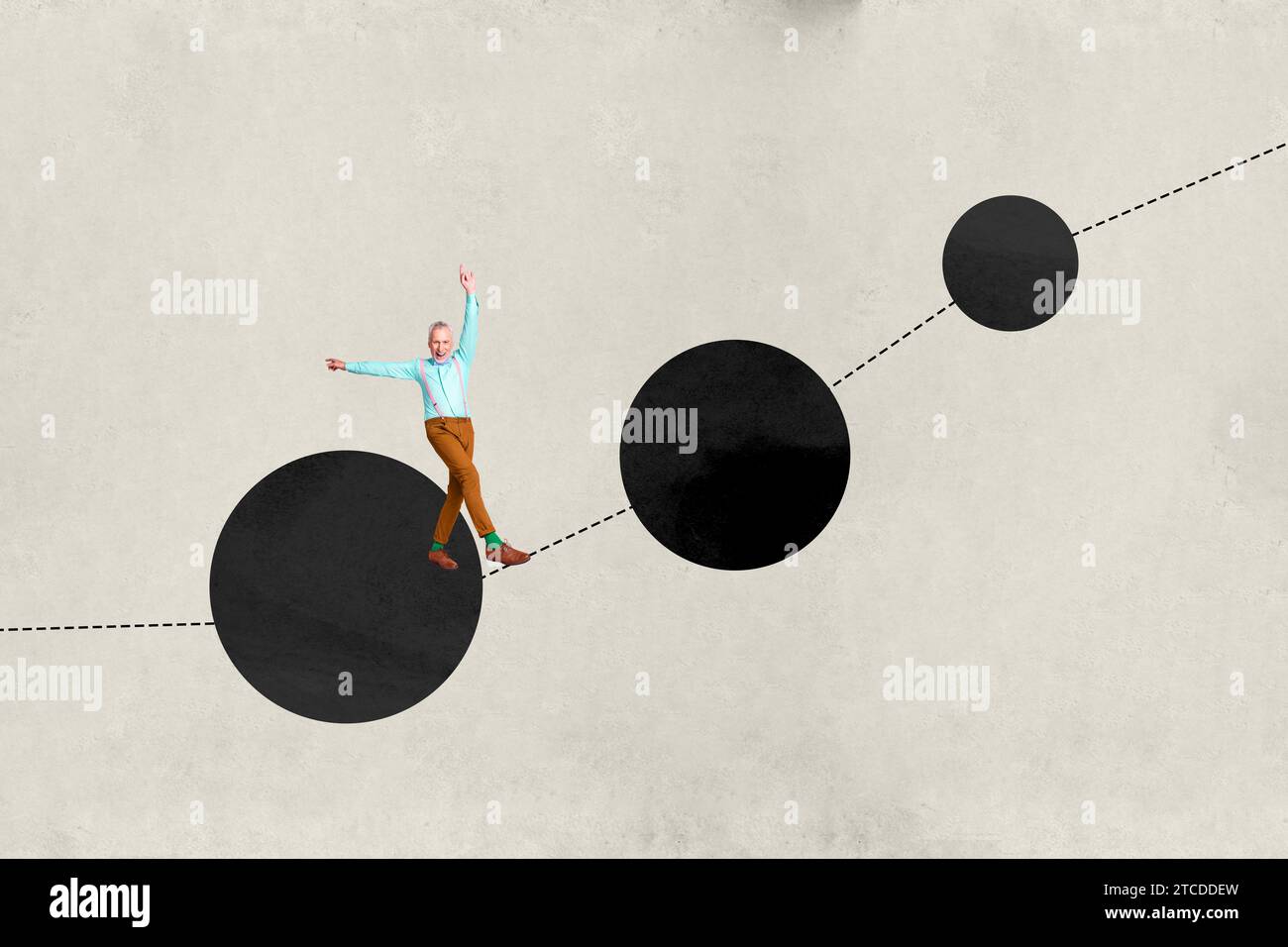 Composite collage picture of mini overjoyed grandfather dance balancing ...