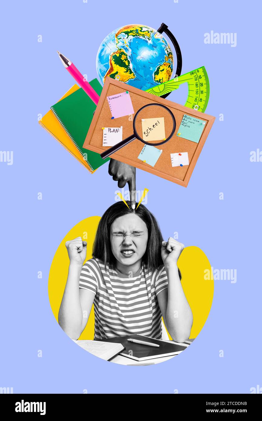 Vertical collage creative poster black white filter teenager irritated ...