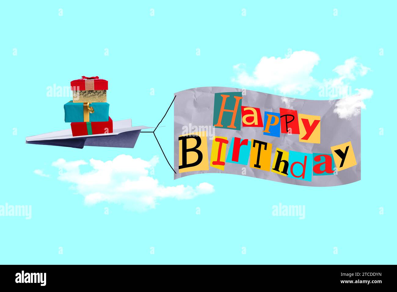 Creative collage picture illustration paper airplane delivery presents ...