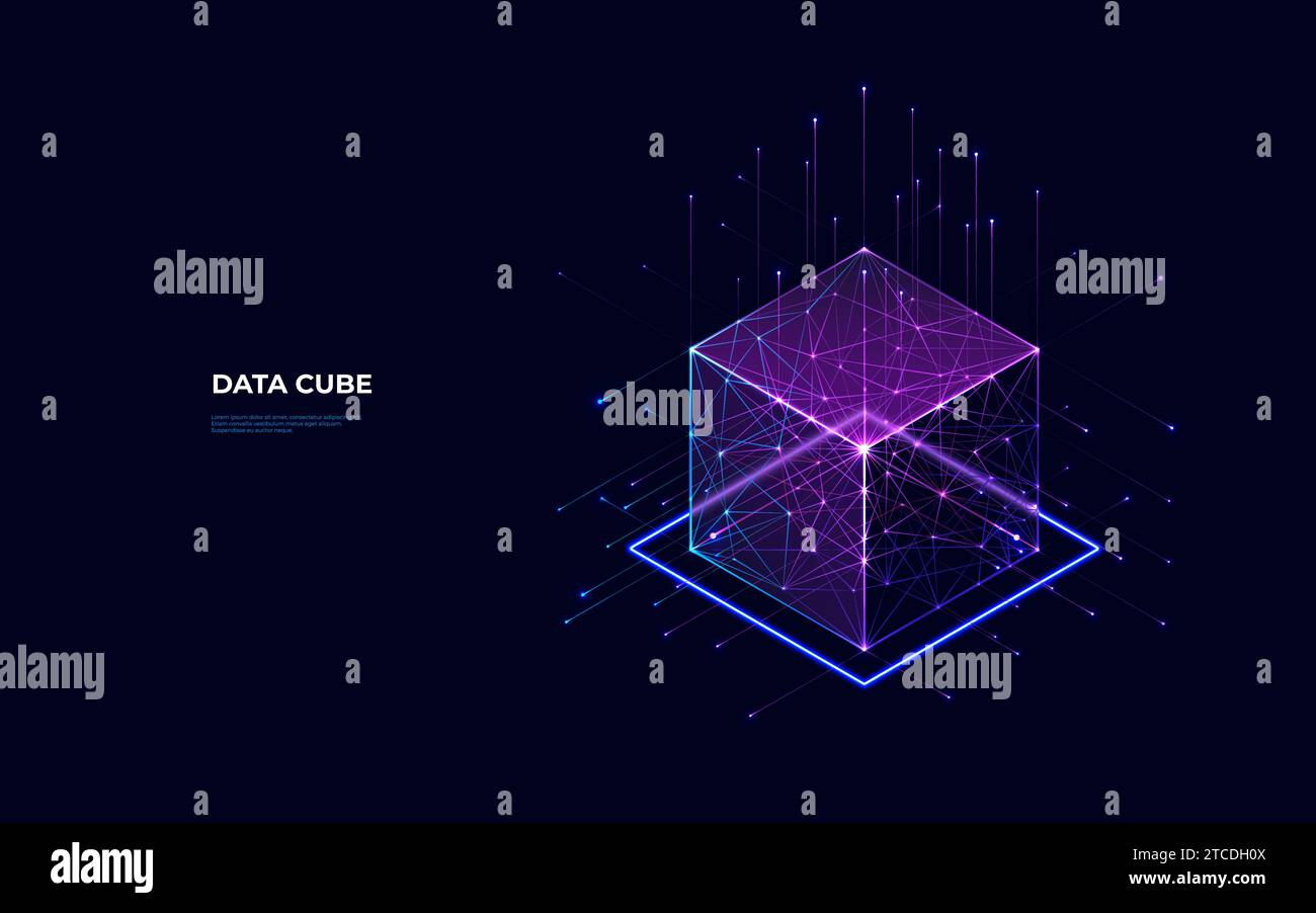 Abstract digital data cube in technology futuristic wireframe style ...