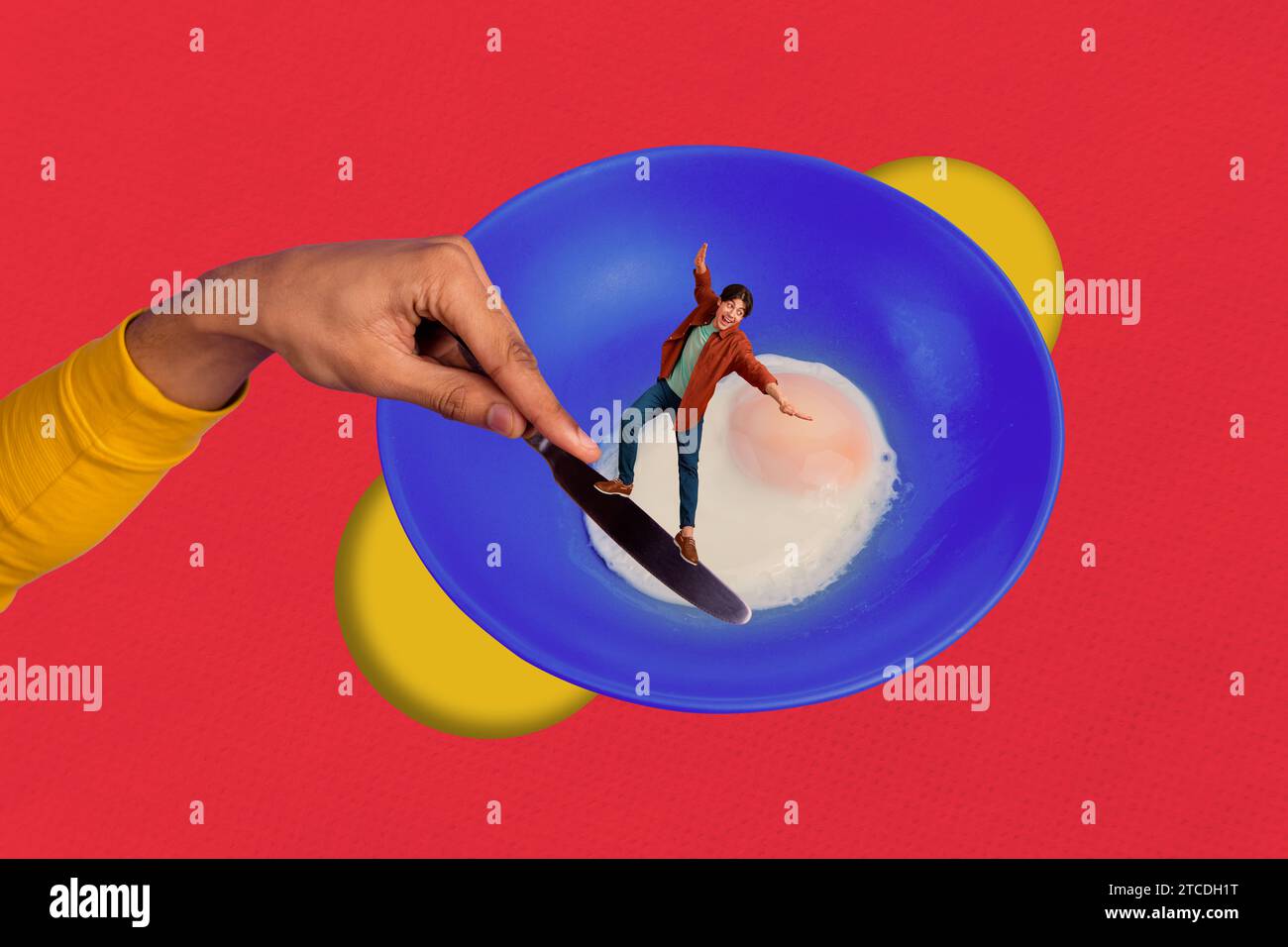 Artwork collage image of mini excited guy stand balancing big arm hold ...