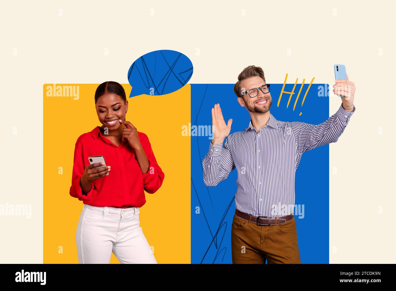 Creative poster banner picture young man lady two standing communicate ...