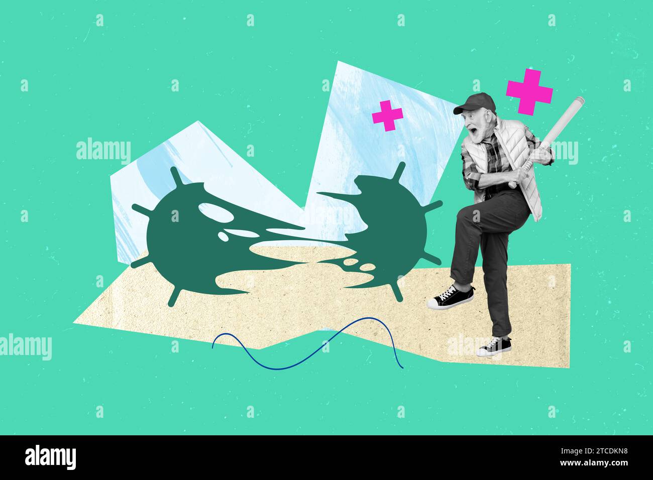 Creative poster collage of funny active grandfather hit bacteria virus ...