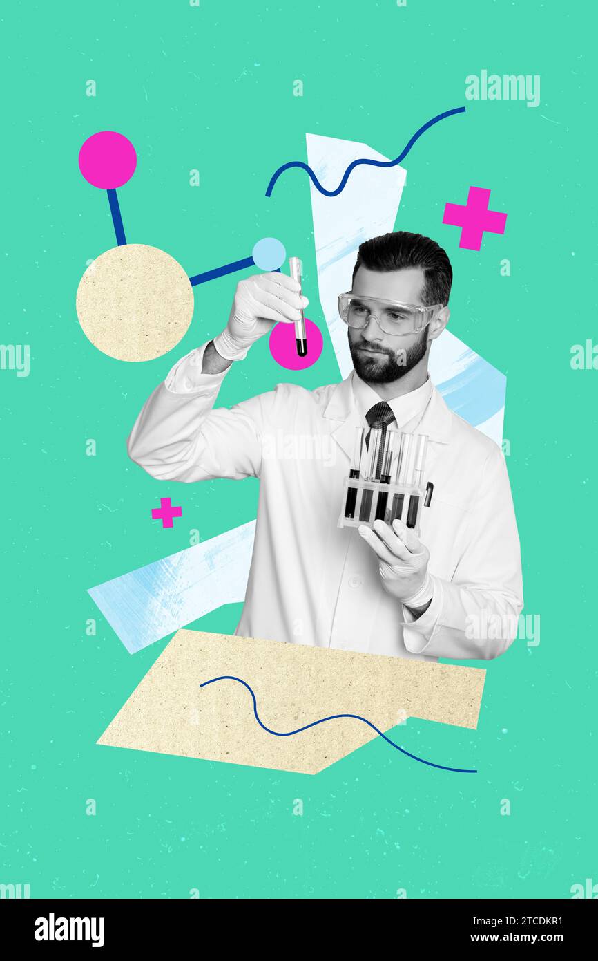Vertical creative collage image of young doctor scientist hold lab tube ...