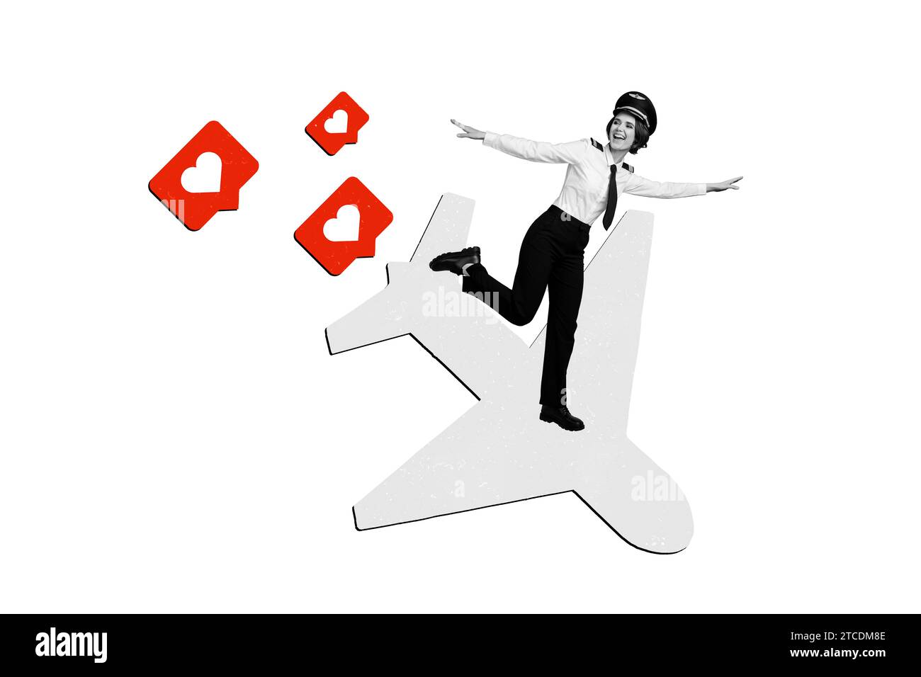 Artwork collage image of mini black white effect pilot girl stand paper ...