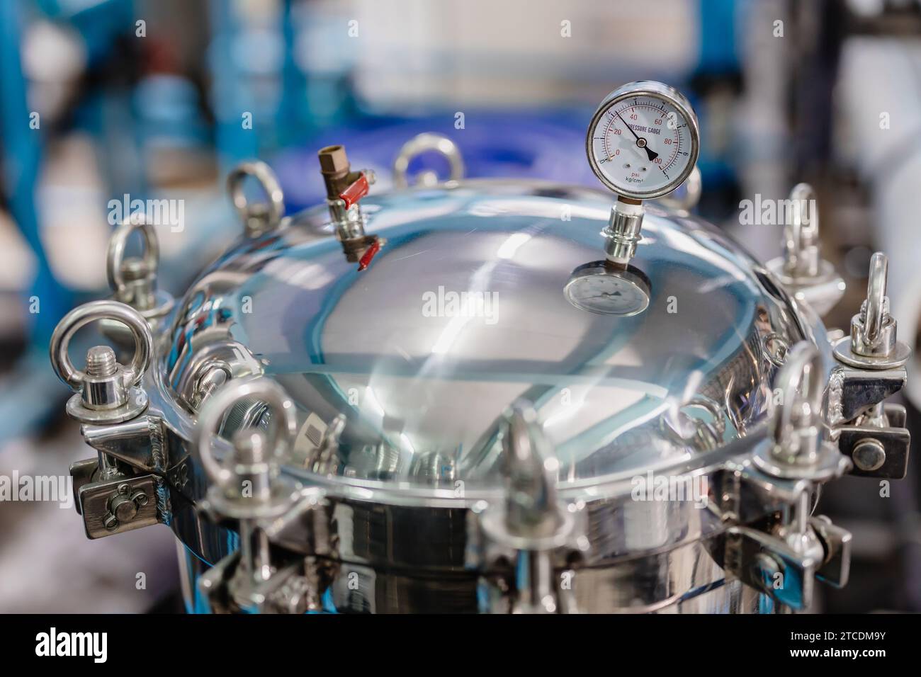 Closeup Pressure Tank Cap Locked. Stainless Steel Sanitary Round Tank ...