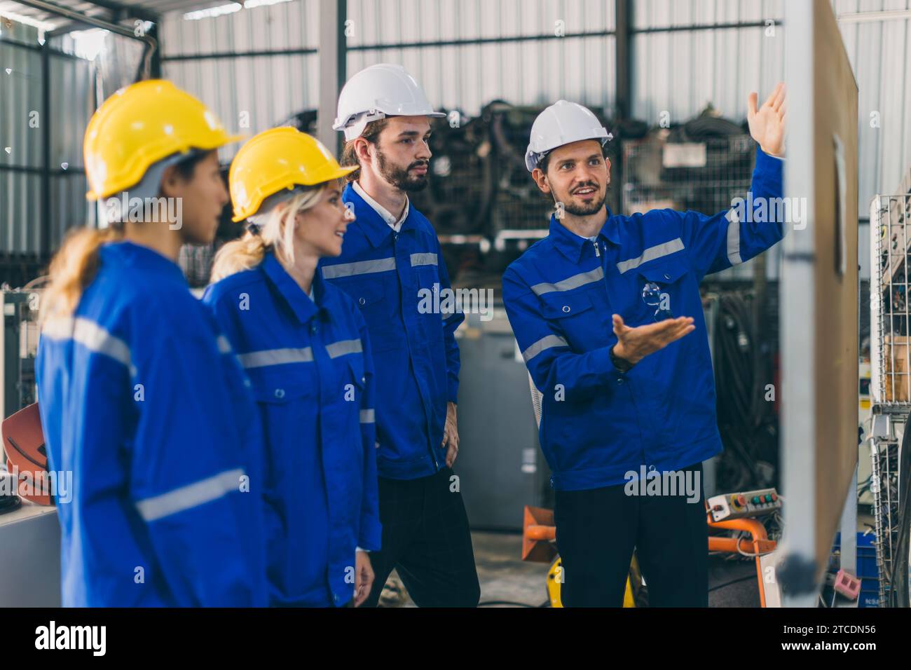 Engineer team employee plan meeting. Plant staff worker safety technician group planning process ...