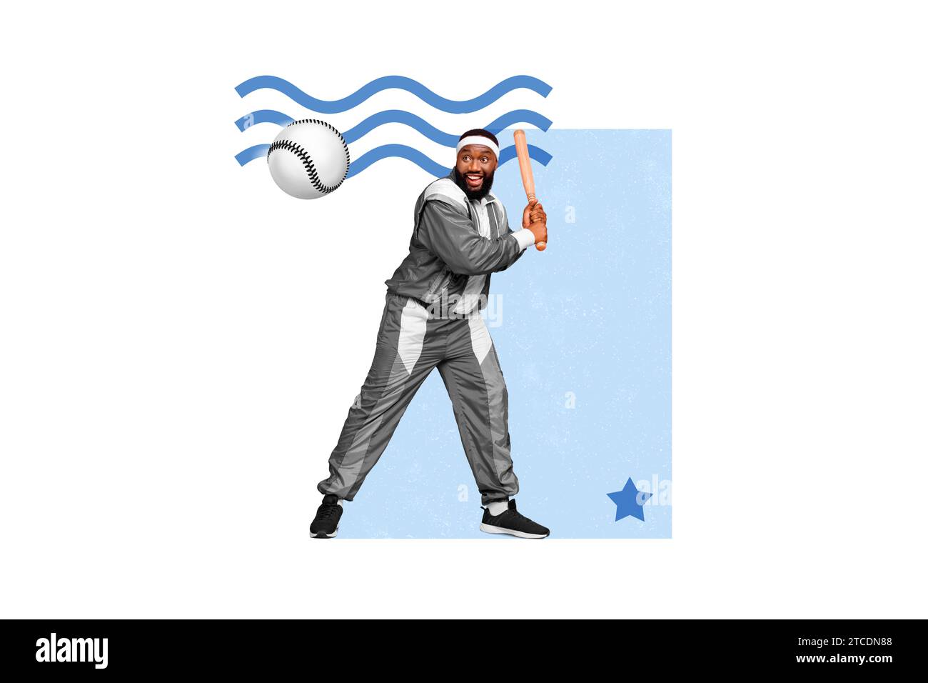 Photo collage picture banner standing excited happy sportsman guy catch ...