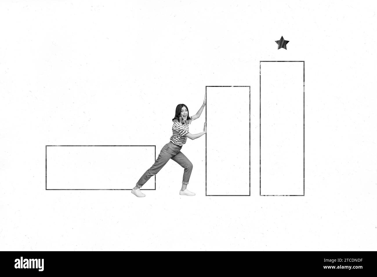 Creative illustration collage picture retro girl pushing columns reach ...