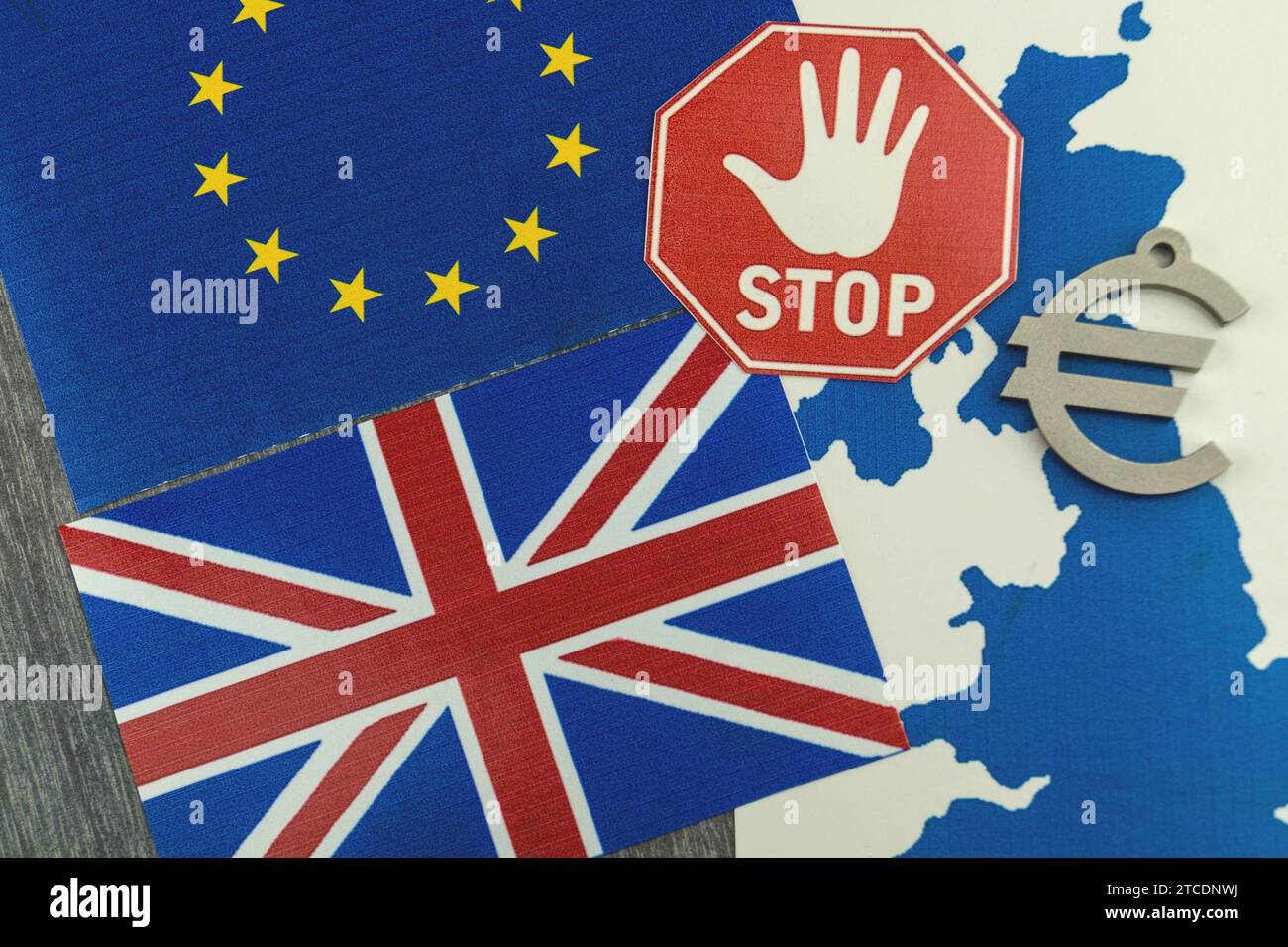 flag of EU, flag and map of Great Britain with Euro sign and Stop sign ...