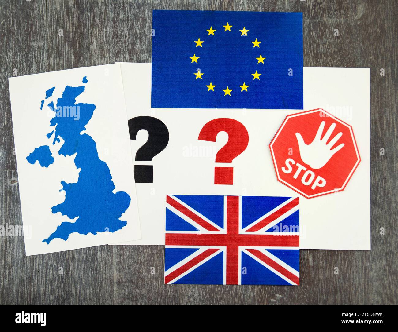 flag of EU, flag and map of Great Britain with question marks and stop ...