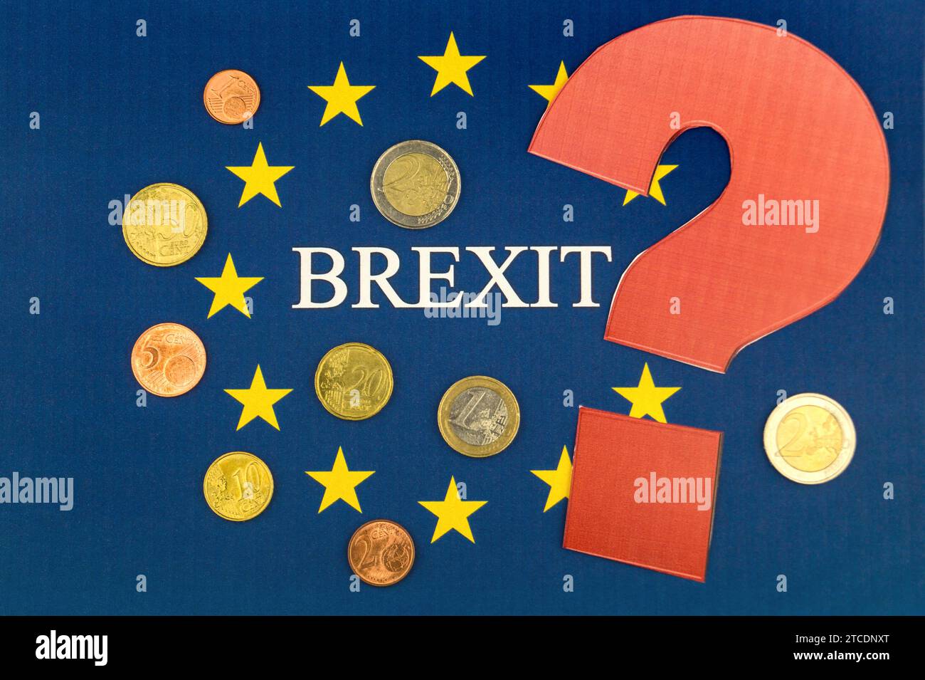 flag of EU with Euro coins, the word Brexit and a question mark, Europe ...