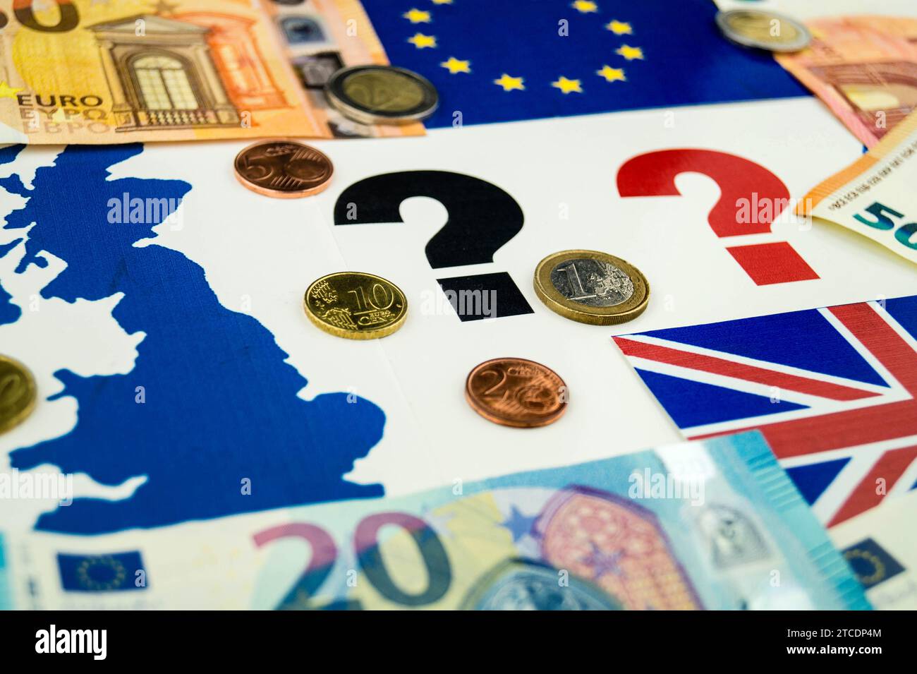 flags of EU and Great Britain with question marks and Euros, Brexit ...