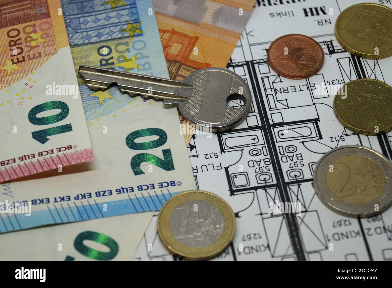 construction drawing, money and key, symbol image for construction ...