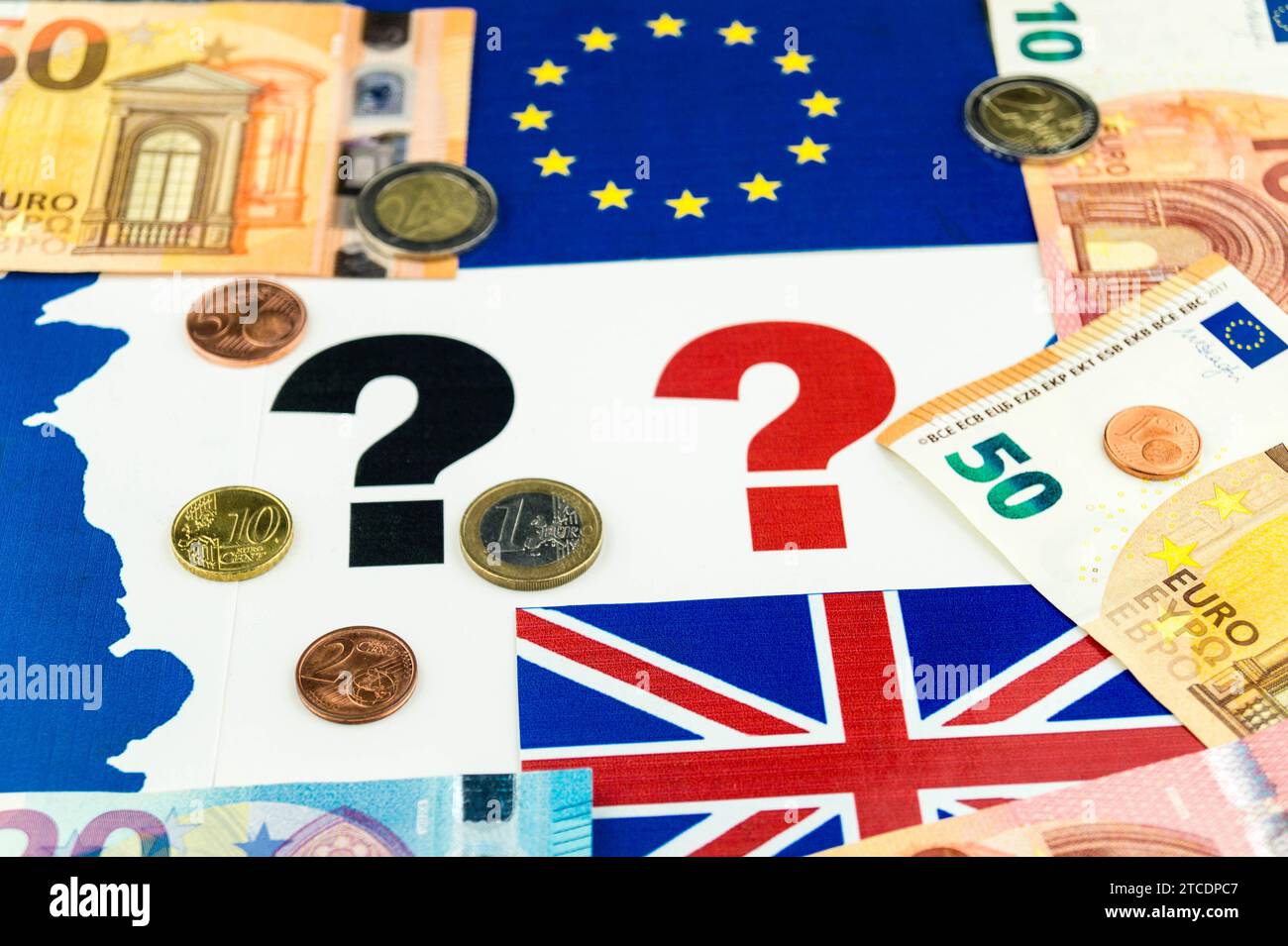 flags of EU and Great Britain with question marks and Euros, Brexit ...