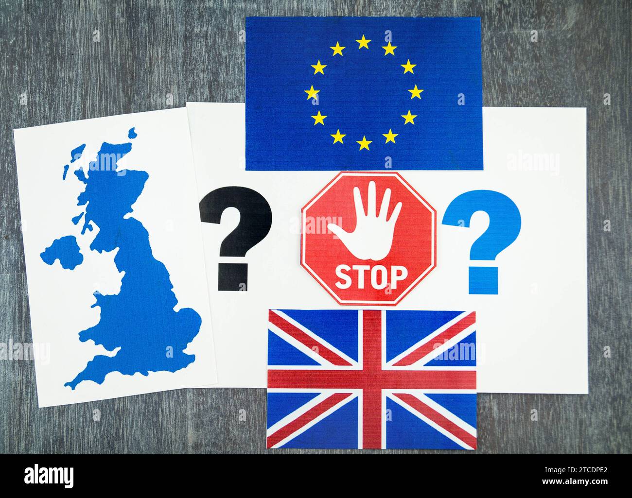 flag of EU, flag and map of Great Britain with question marks and stop ...