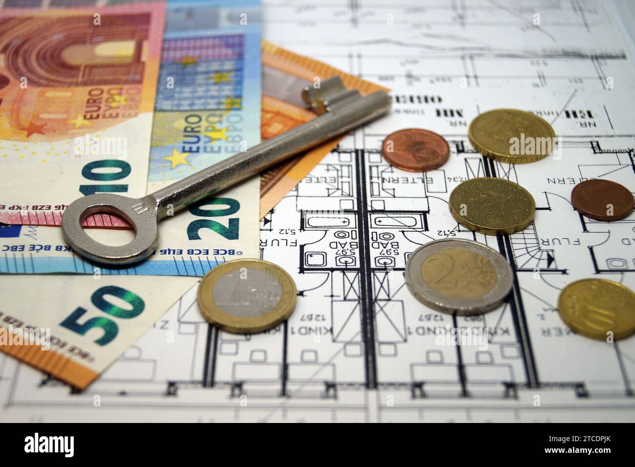 construction drawing, money and key, symbol image for construction ...