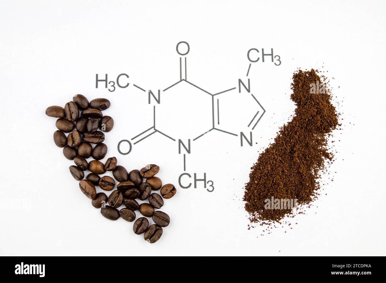 structural formula for coffein with coffee beans and powder Stock Photo ...