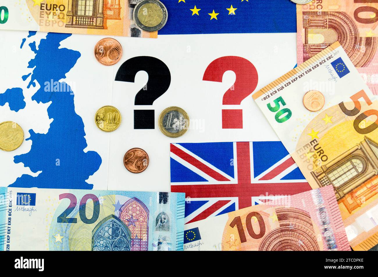 flag of EU, flag and map of Great Britain with question marks, Euros ...