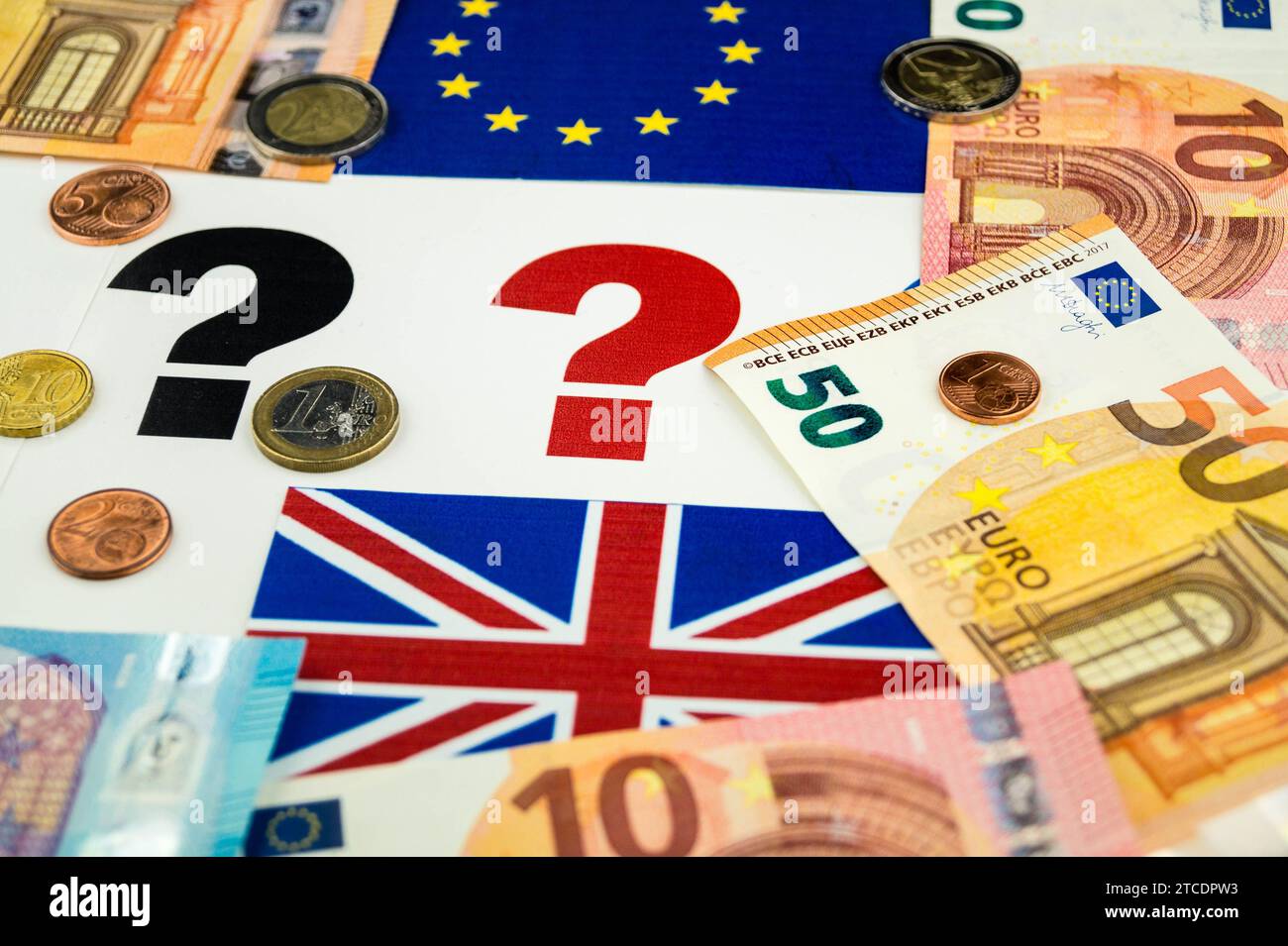 flags of EU and Great Britain with question marks and Euros, Brexit ...