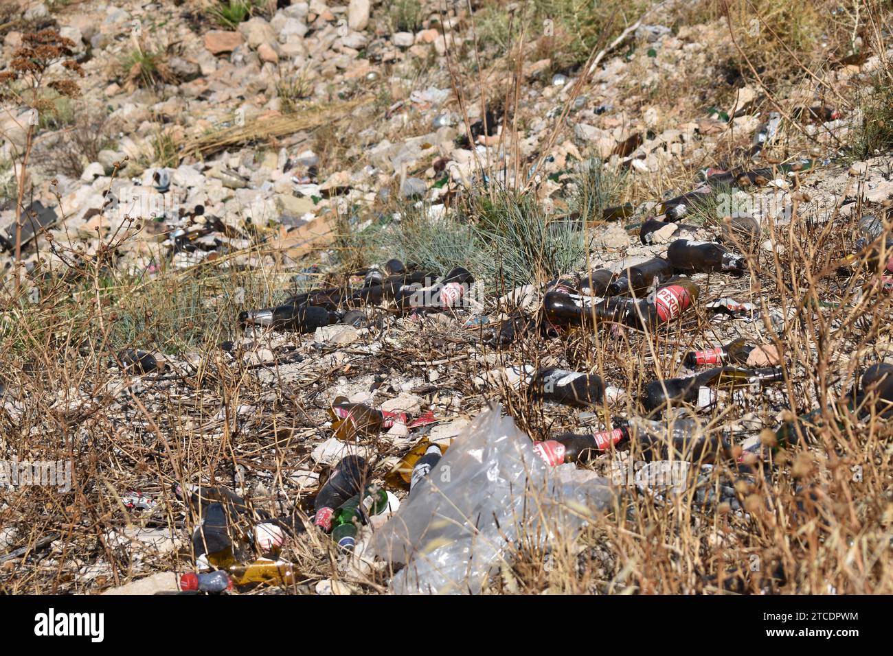 Broken beer bottles, plastic trash and other garbage thrown off the ...