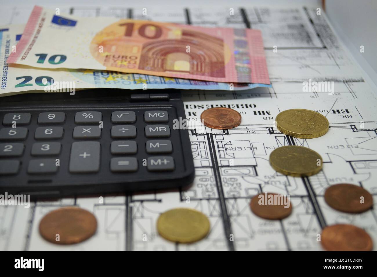 construction drawing, money and calculator, symbol image for ...