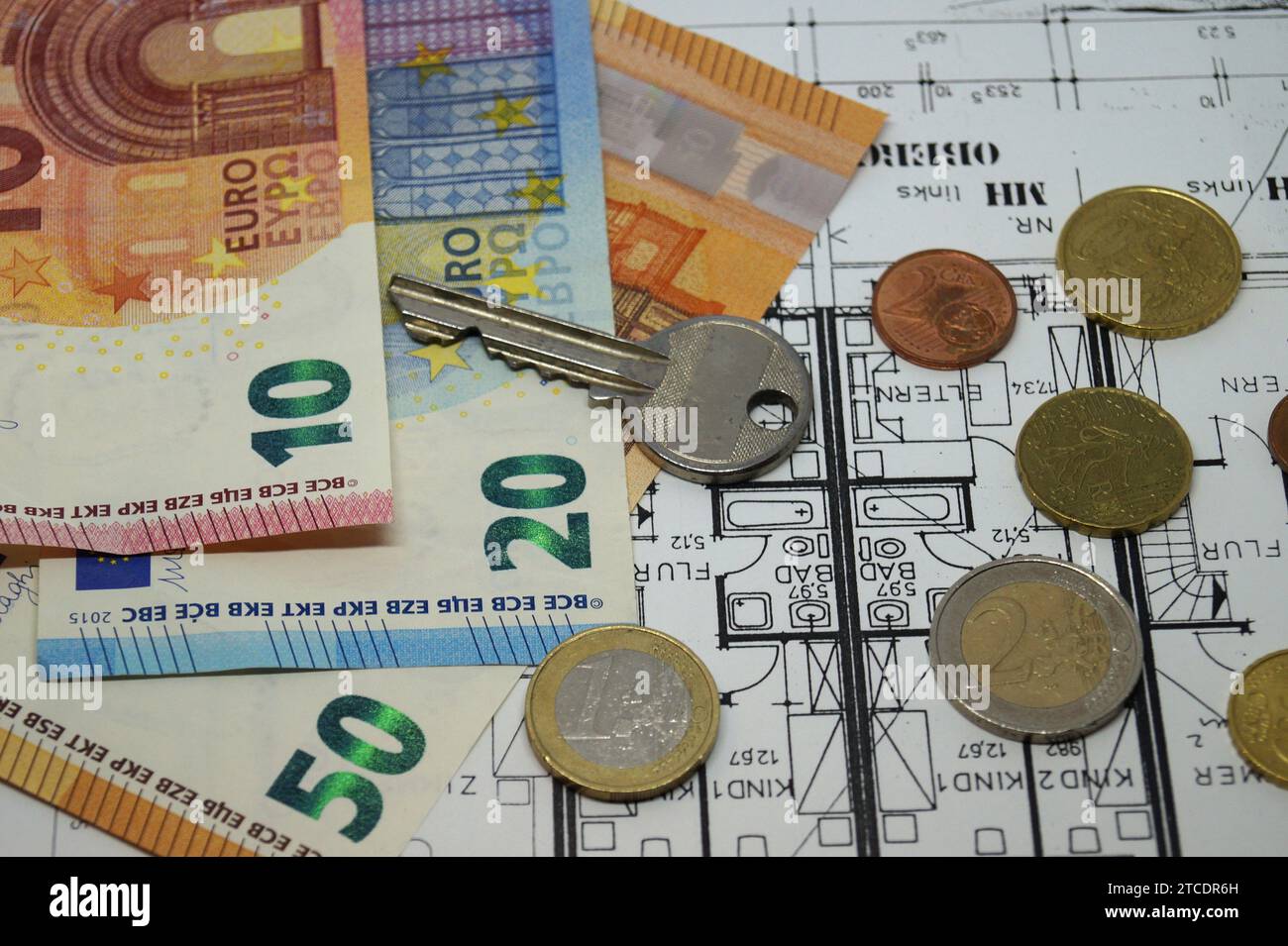 construction drawing, money and key, symbol image for construction ...